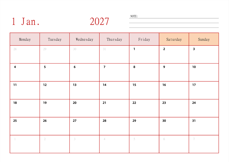 2027年日历表台历 英文版 横向排版 周一开始 日历模板(DF006-1265) - 日历表2027年日历打印下载